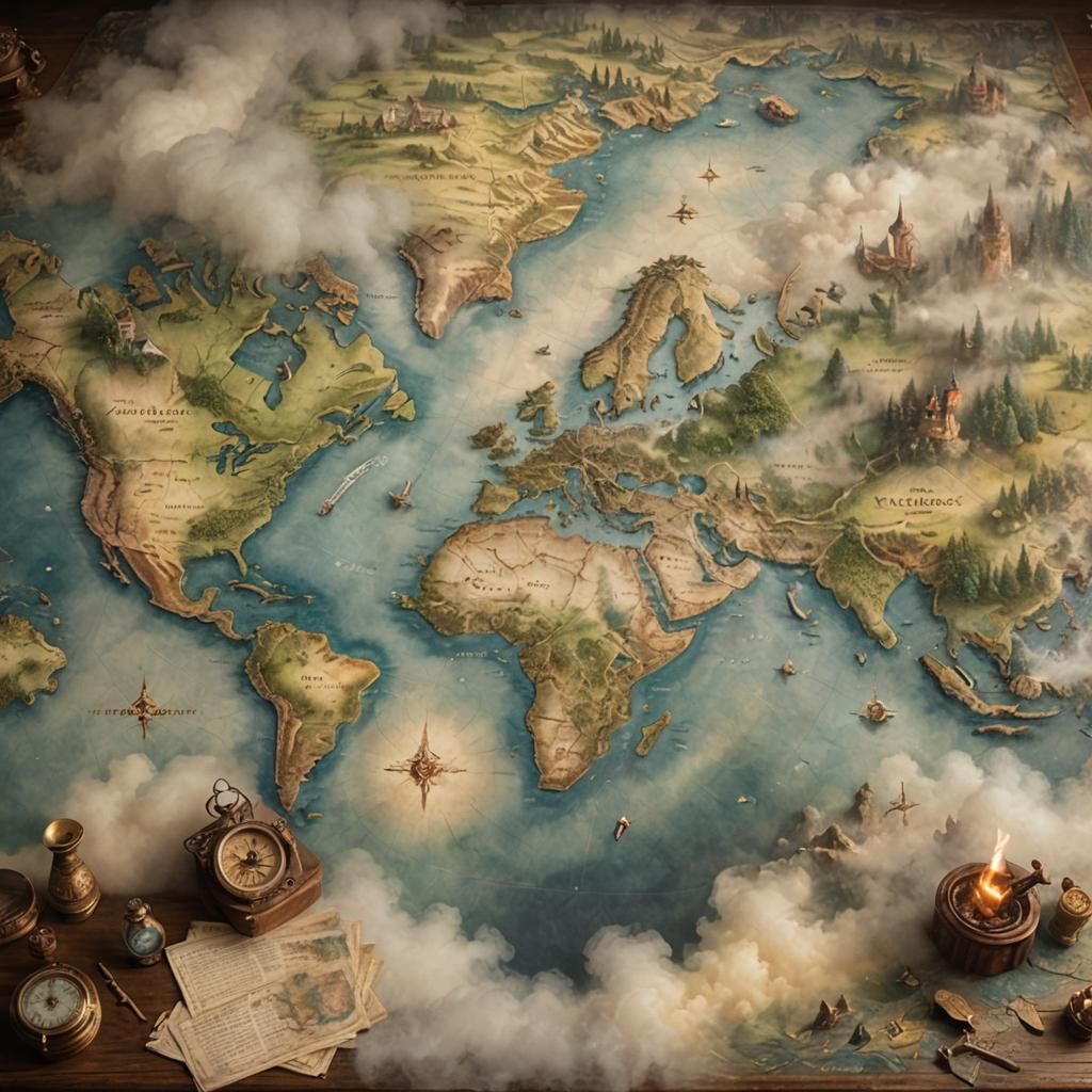 Ancient aged map spread on a wooden table - AI Generated Artwork ...
