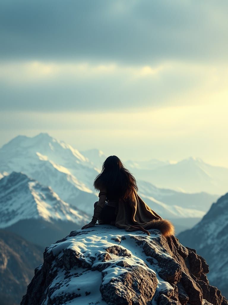 Amazonian Warrior Surveys Snow-Capped Peaks in Cin... - AI Art