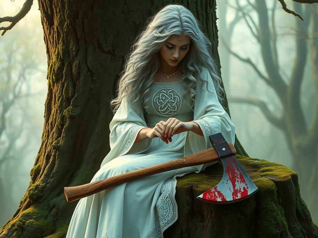 A beautiful female Daoine Sidhe sitting on a tree stump, looking down ...