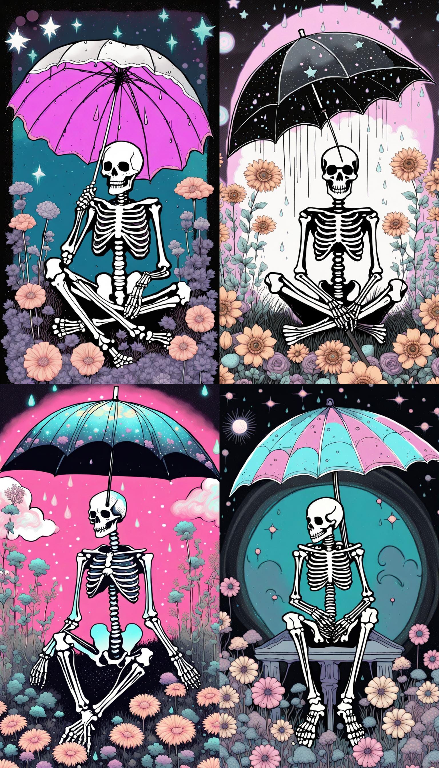 Creepy cute skeleton in the rain - AI Generated Artwork - NightCafe Creator
