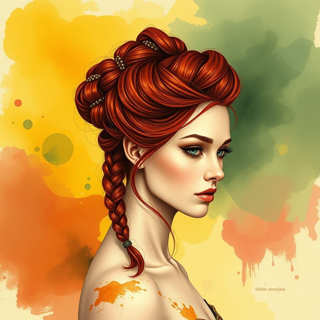 This image appears to be a portrait of a woman with distinctive red ...