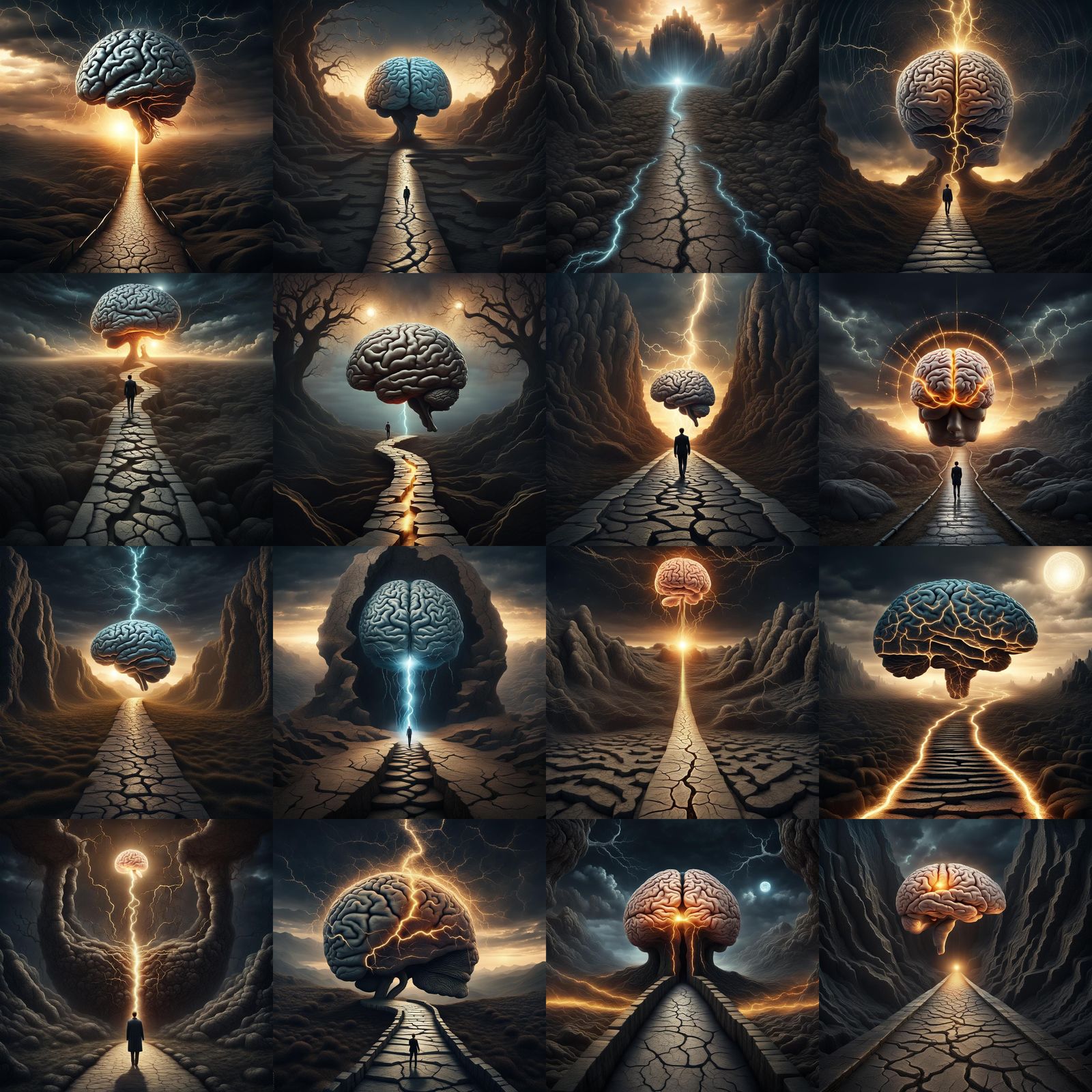 a mystical, cracked path leading to a radiant human brain. The path is ...