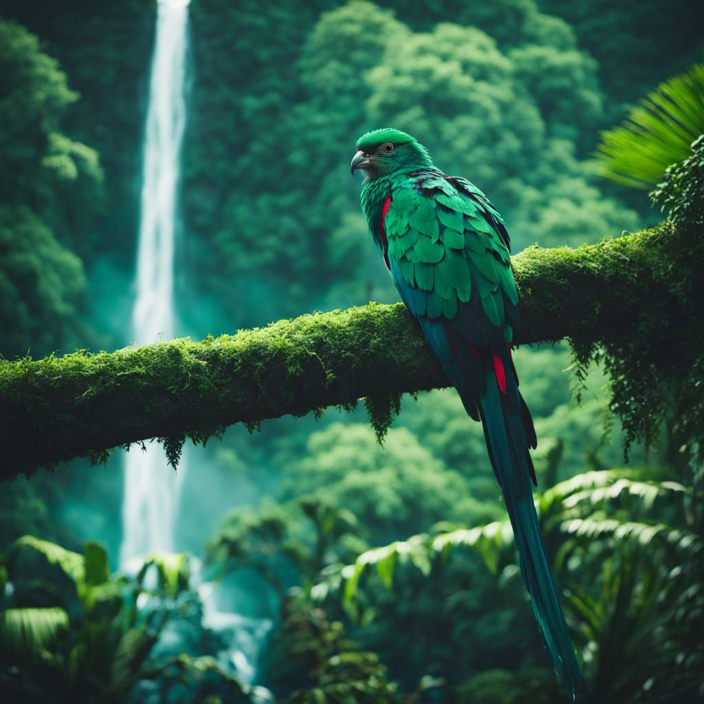 Majestic Quetzal Bird Amidst Jungle Waterfall - AI Art