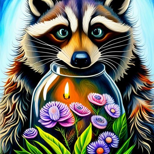 a beautiful portrait of a giant raccoon with two babies, in a glass ...