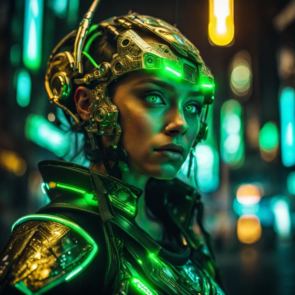 cottagecore fairy magic, Portrait of a cyborg girl with green eyes ...