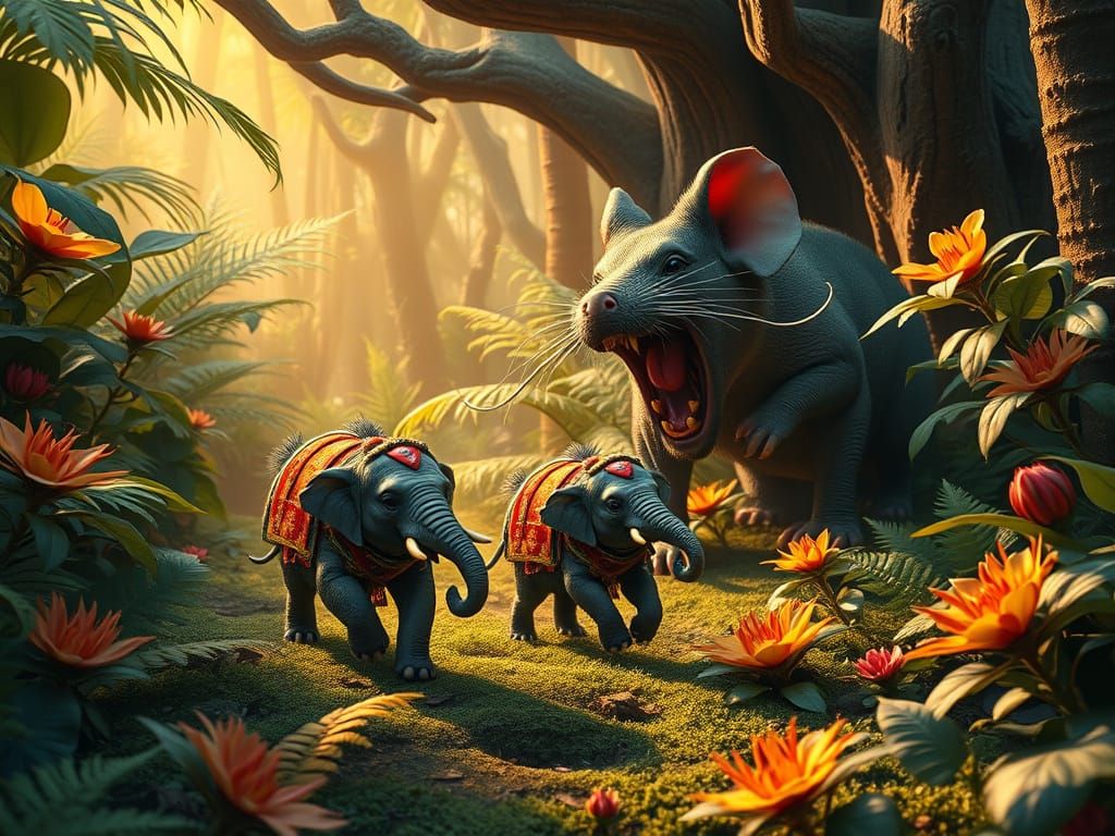 3D digital art. Tiny miniature elephants running away from a Giant ...