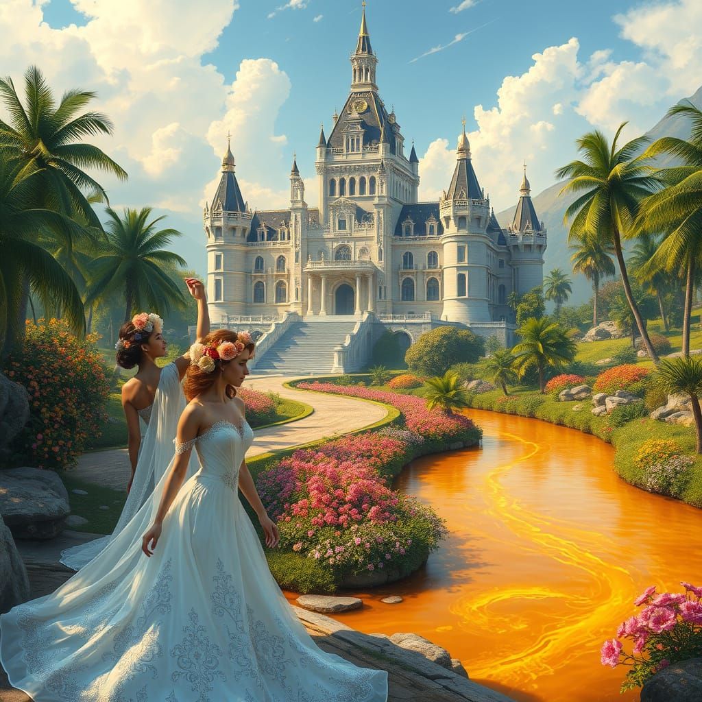 Ethereal Castle Paradise with Honey River and Drea... - AI Art