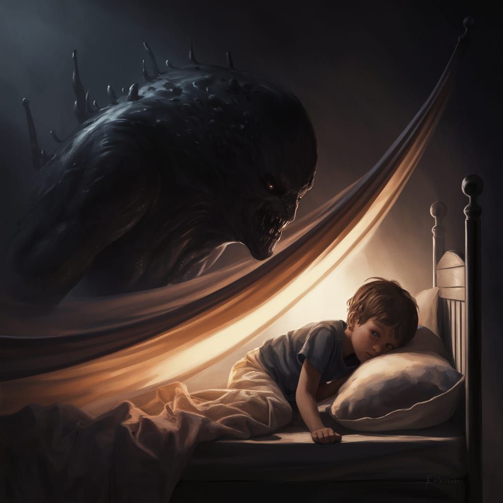 Monster at night - Surreal Monster Hides Beneath Bed in Dark...