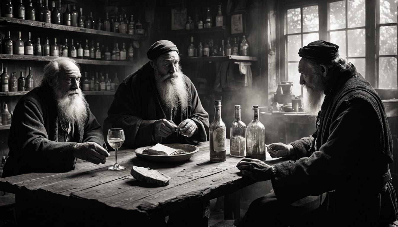 Reb Tevye, Don Quixote and Rasputin share a glass of wine together