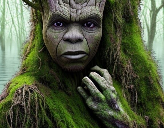 A tree monster Groot in the swamp covered in moss. Very-realistic and surreal, sinister, scary ...