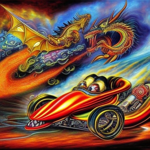 A Dragon driving a fire-breathing dragster race car. Josephine Wall ...