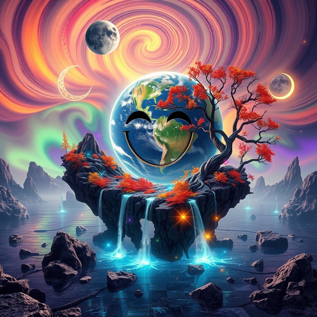 “A surreal, laughing out loud emoji with planet earth as its face ...