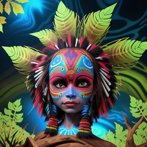 Indigenous Yanomami with war paint with luminescent colors in an alien ...