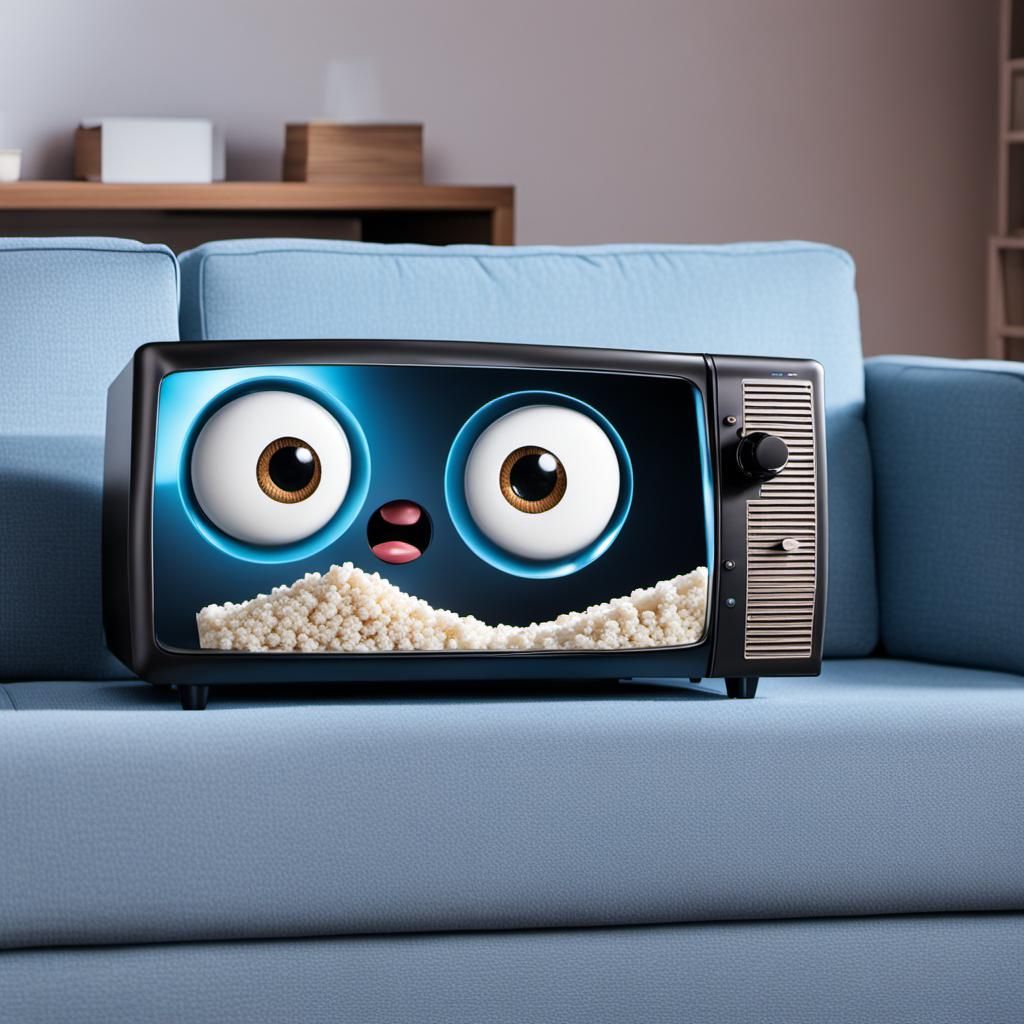 Excited toaster watching a show on TV, sitting on couch, googly eyes ...