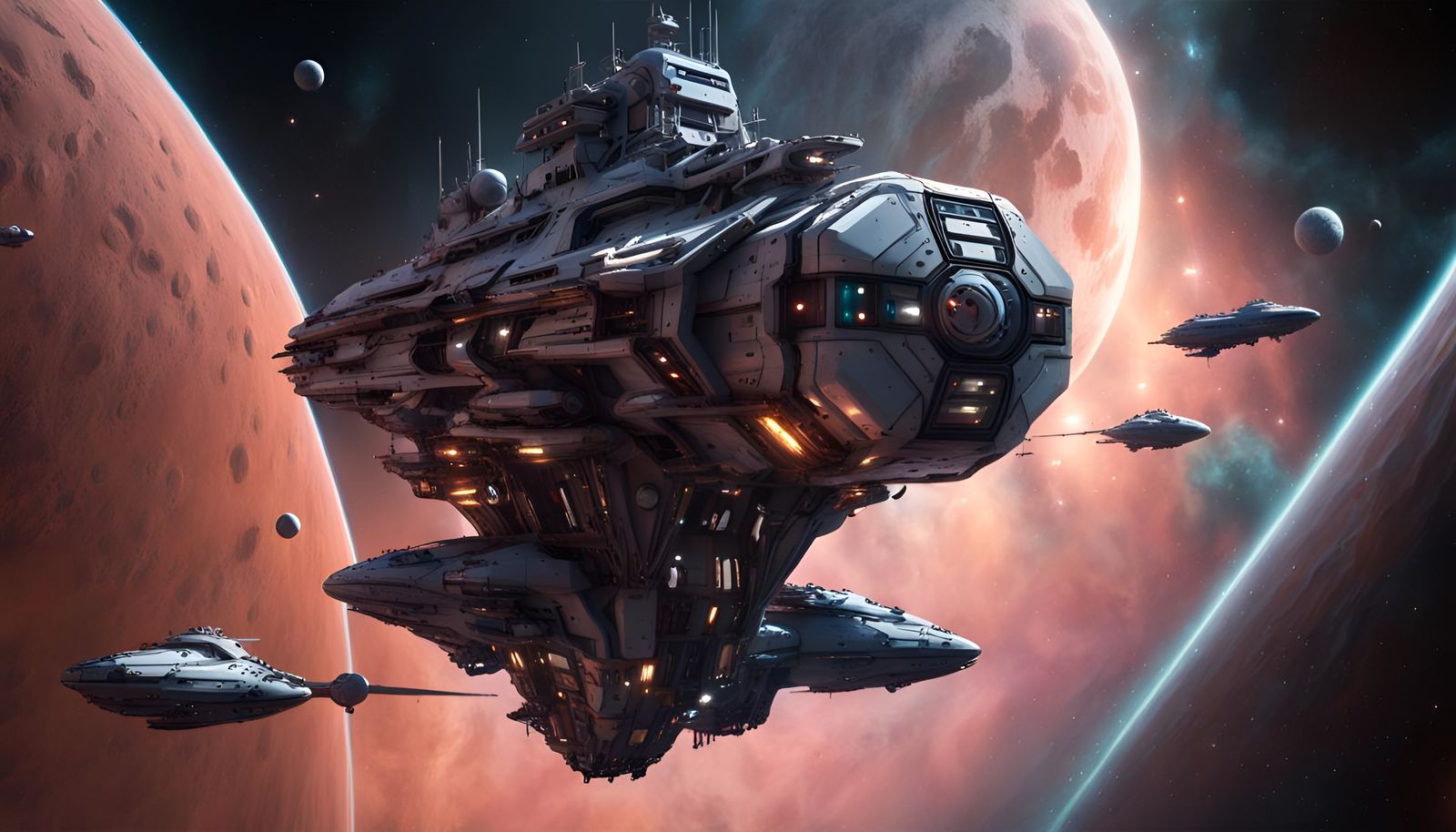 Science fiction scene of a futuristic interstellar frigate and small ...