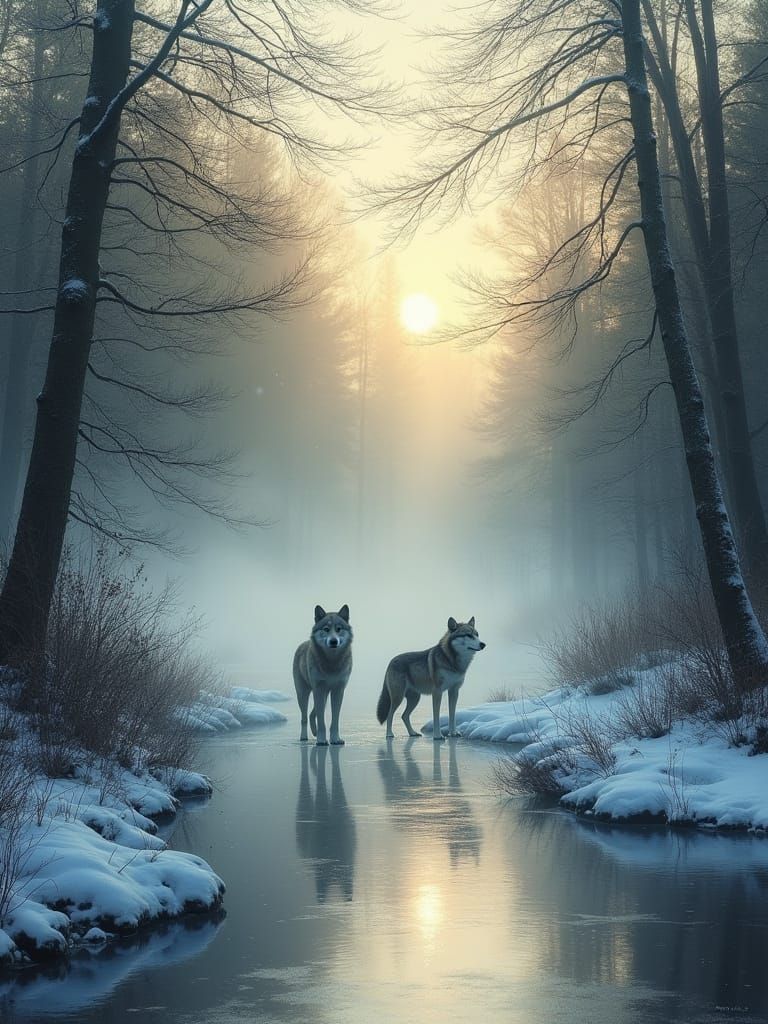 Wolf Family Emerges in Frosty Dawn Landscape - AI Art