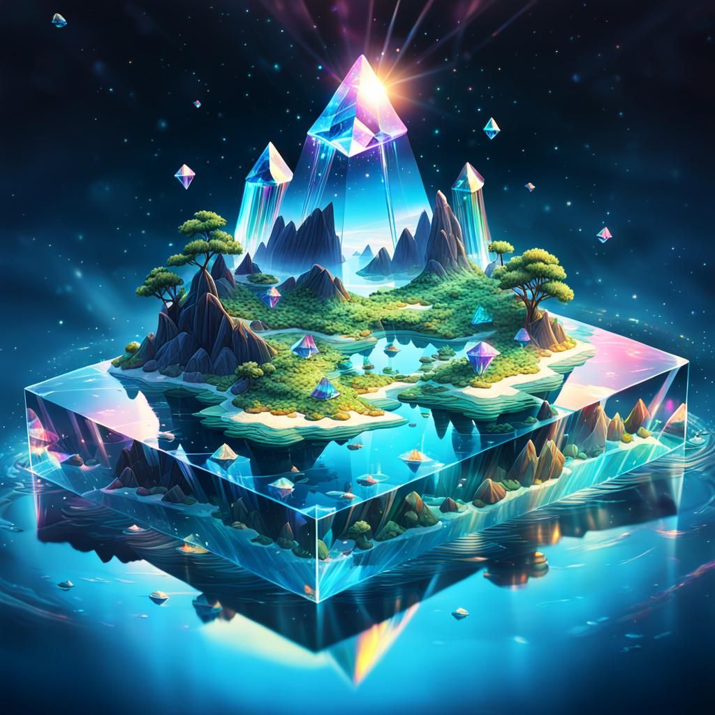 ,floating crystal island with prism-like reflections in the water ...