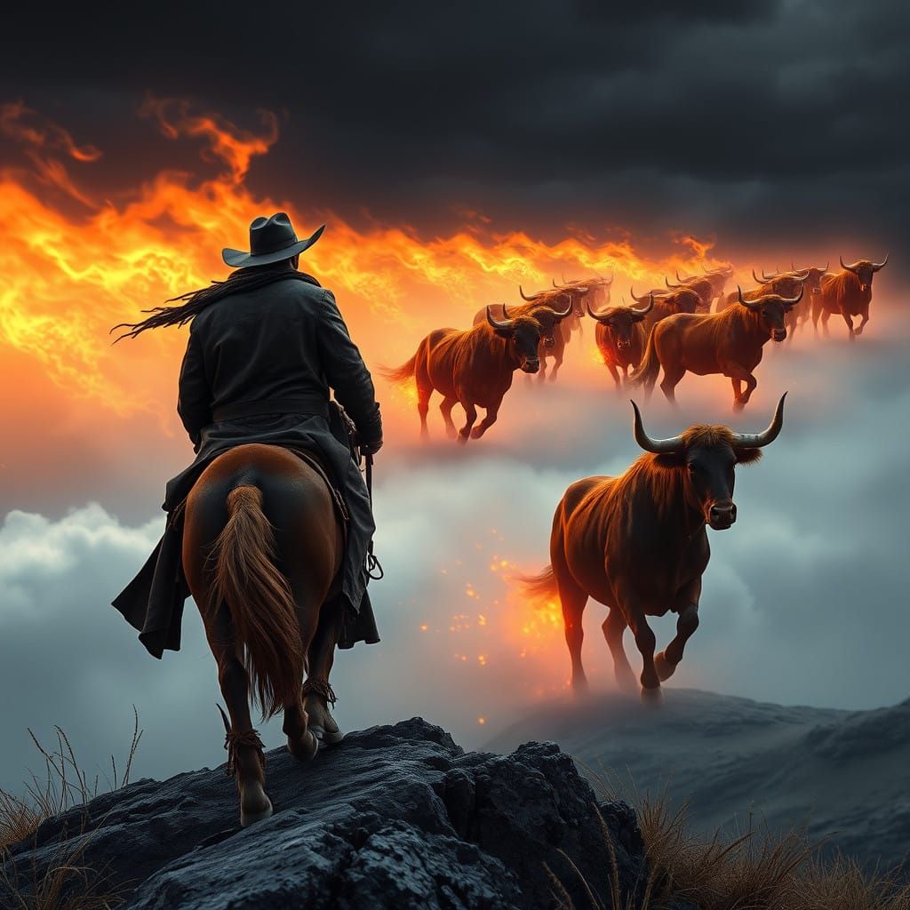 Weathered Cowboy Rides Majestic Horse Through Fier... - AI Art