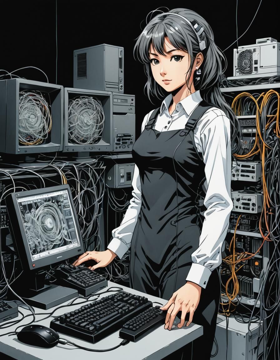 Manga image of lady standing next to PC with lot of wires and cables ...