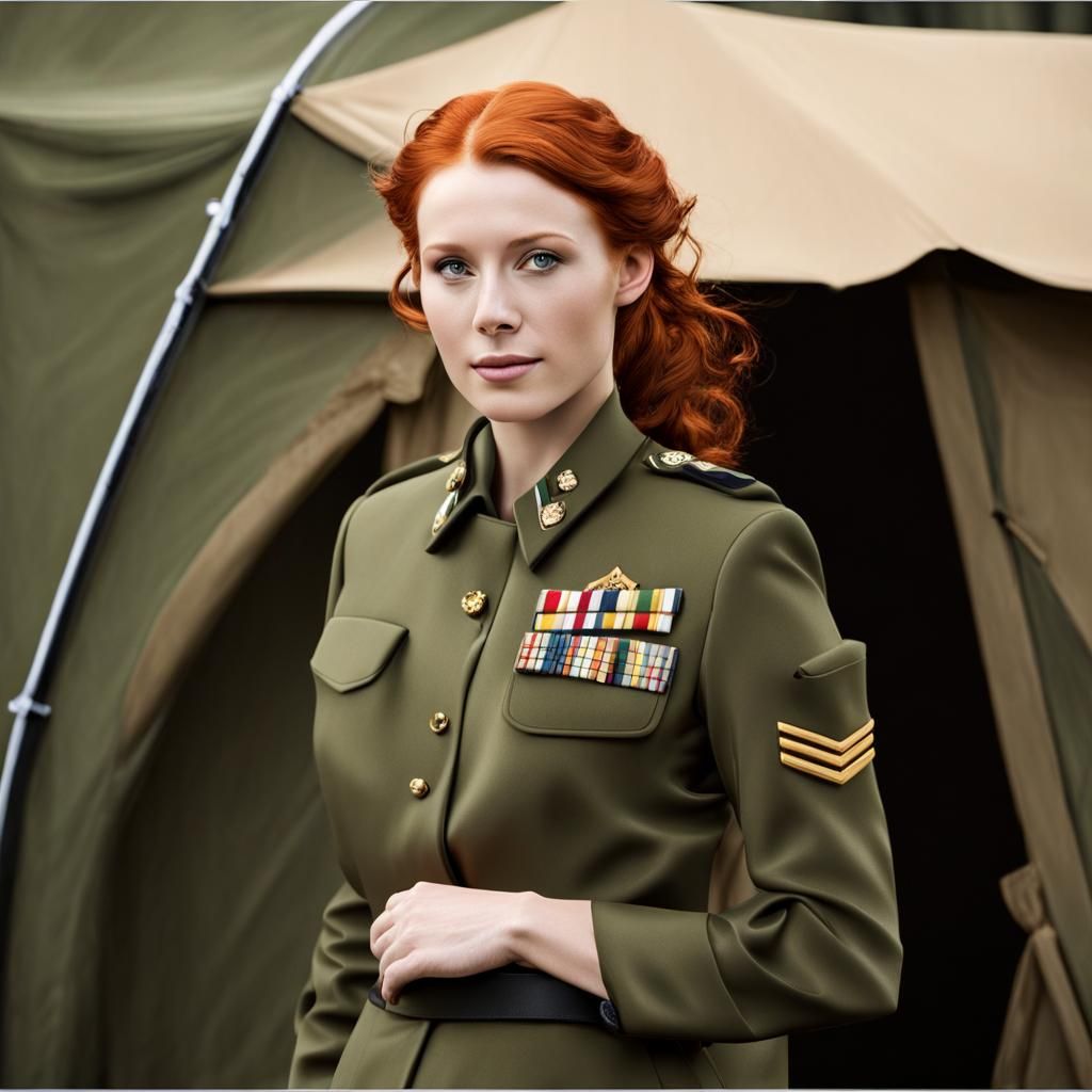 Female red-head in formal military uniform, standing in front of M.A.S ...