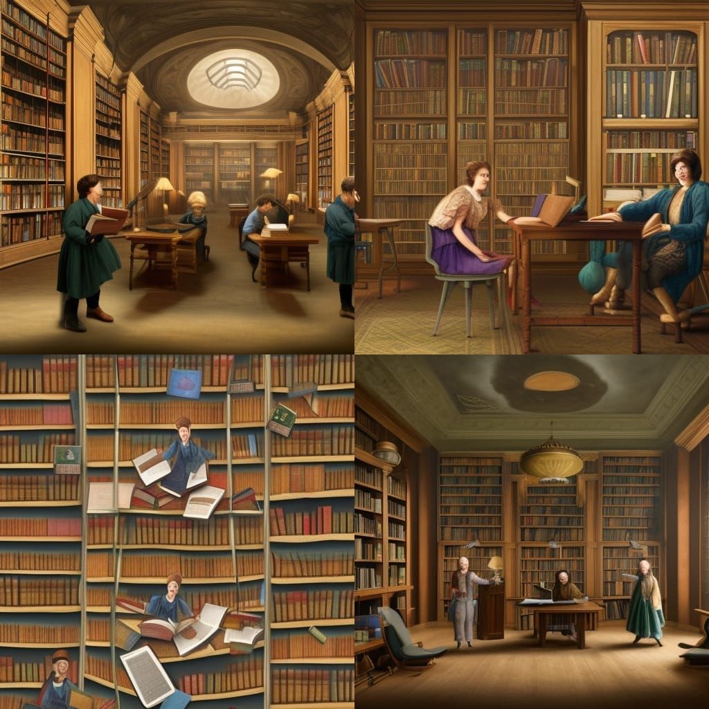 create a lifelike image of three people in a library, learning three ...