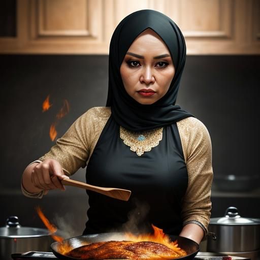 Southeast Asian muslim woman wearing hijab in summer and cooking food ...