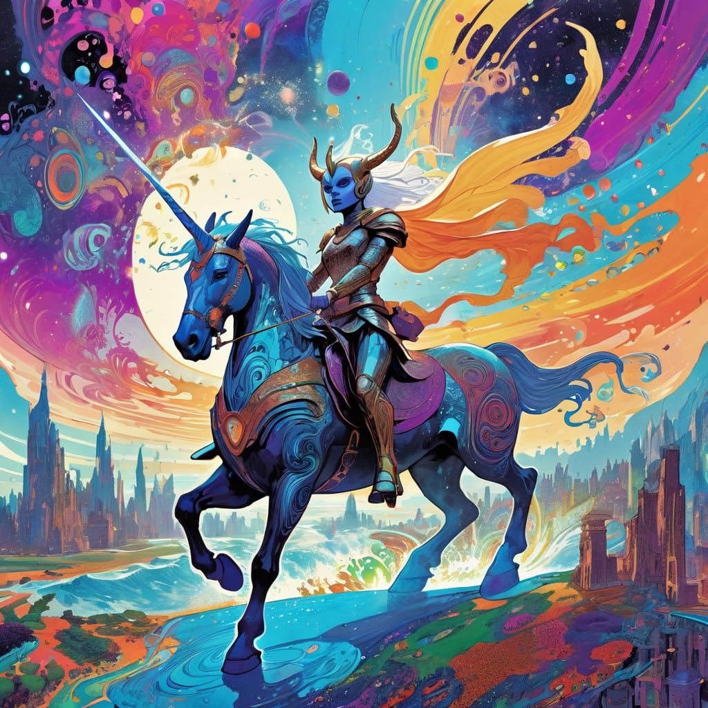 Fire Spirit - Cosmic Drow Valkyrie Rides Unicorn in Psychede...