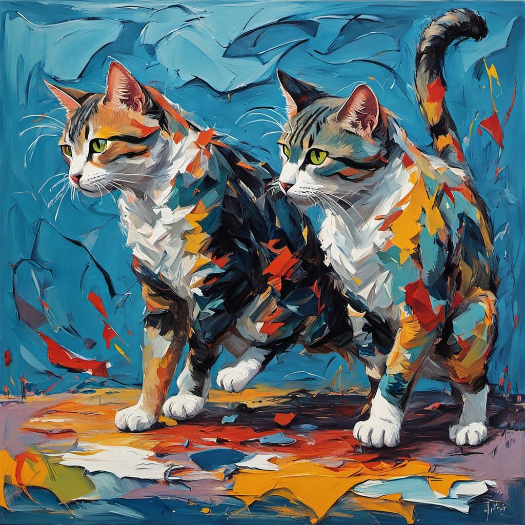 Oil painting Realistic. Impasto. Crazy Cats.