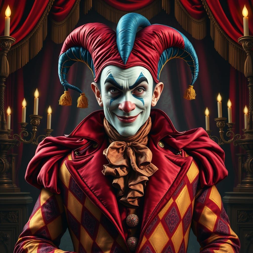 Stunning, ultra-realistic portrait of a jester in a mesmerizing costume ...