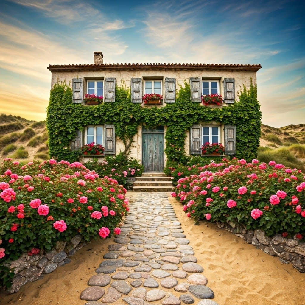 An old house - Rustic Seaside Cottage with Vibrant Flower P...