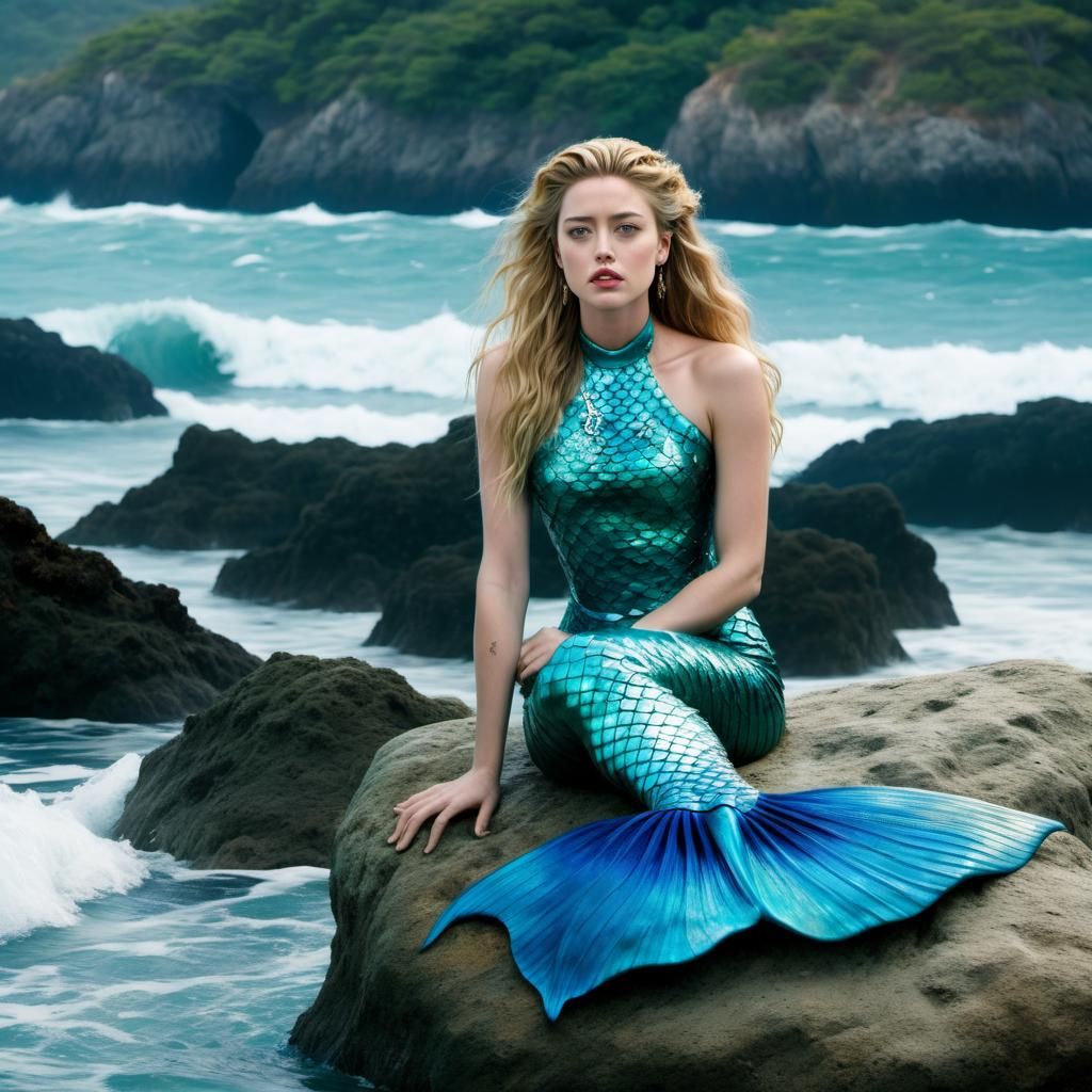 Young Amber Heard as beautiful mermaid with blue tide, sitting on a ...