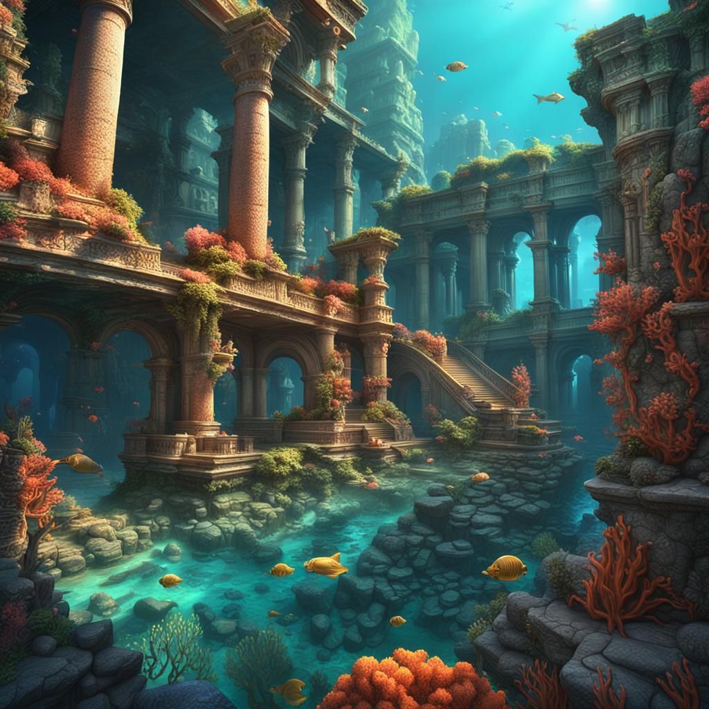 city of Atlantis inhabited my mermaids. ruins. vivid rich color. ultra ...