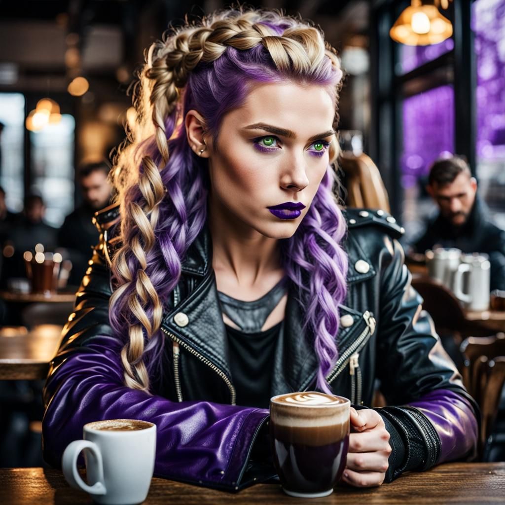 Valkyrie with Viking features, wavy golden hair that has purple dye in ...