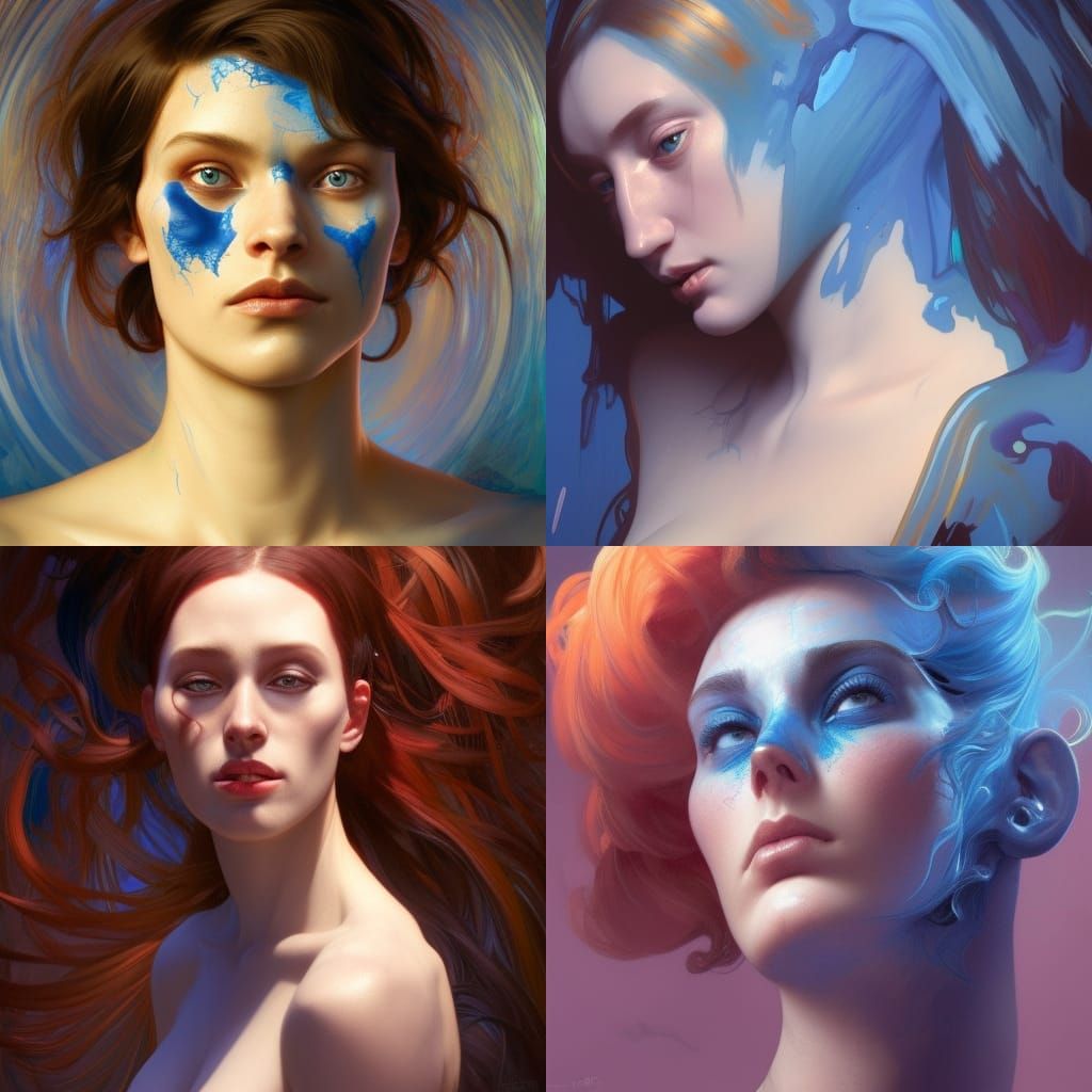 Blue humanlike impersonation of logic good and beauty facing red ...