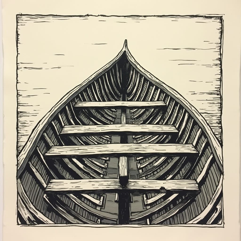 Wooden Boat Under Construction in Linocut Style - AI Art
