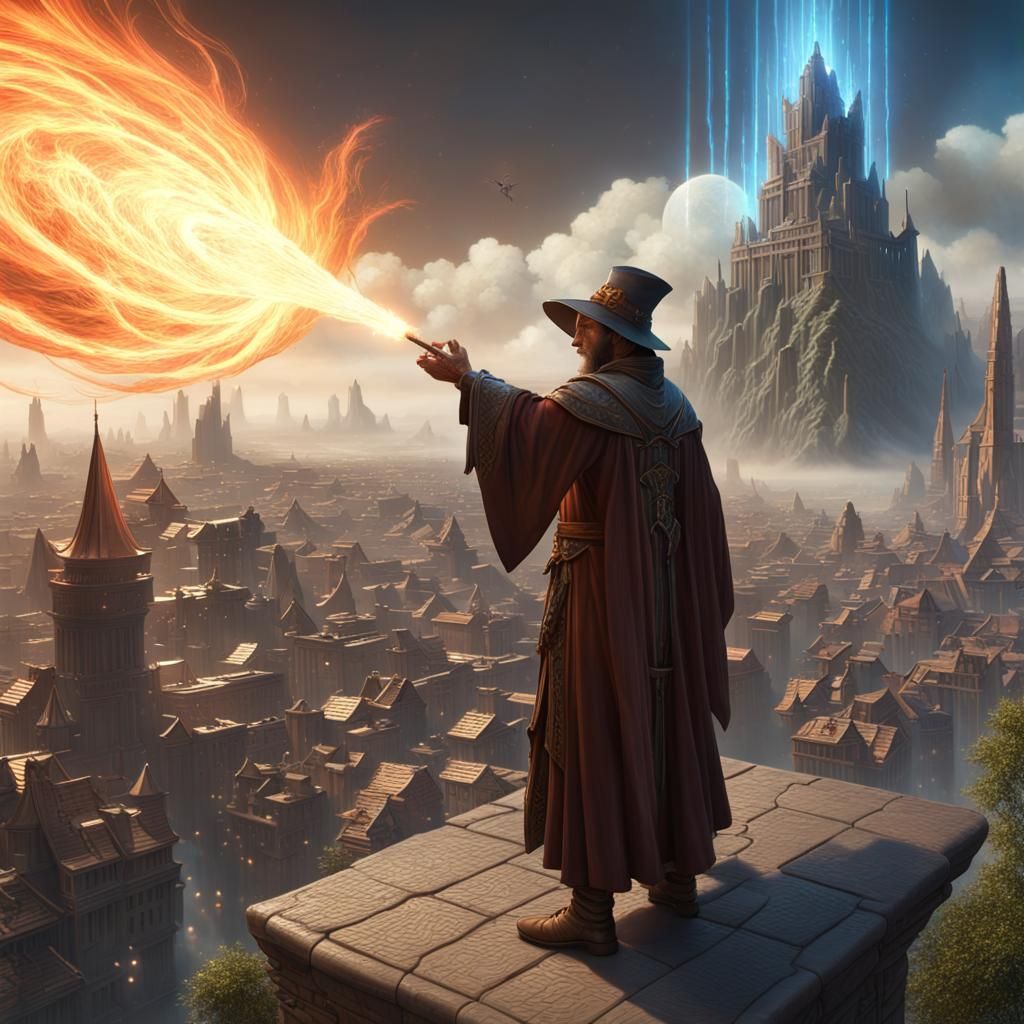 "Sorcerer casting a great intricately detailed spell on a far away city ...