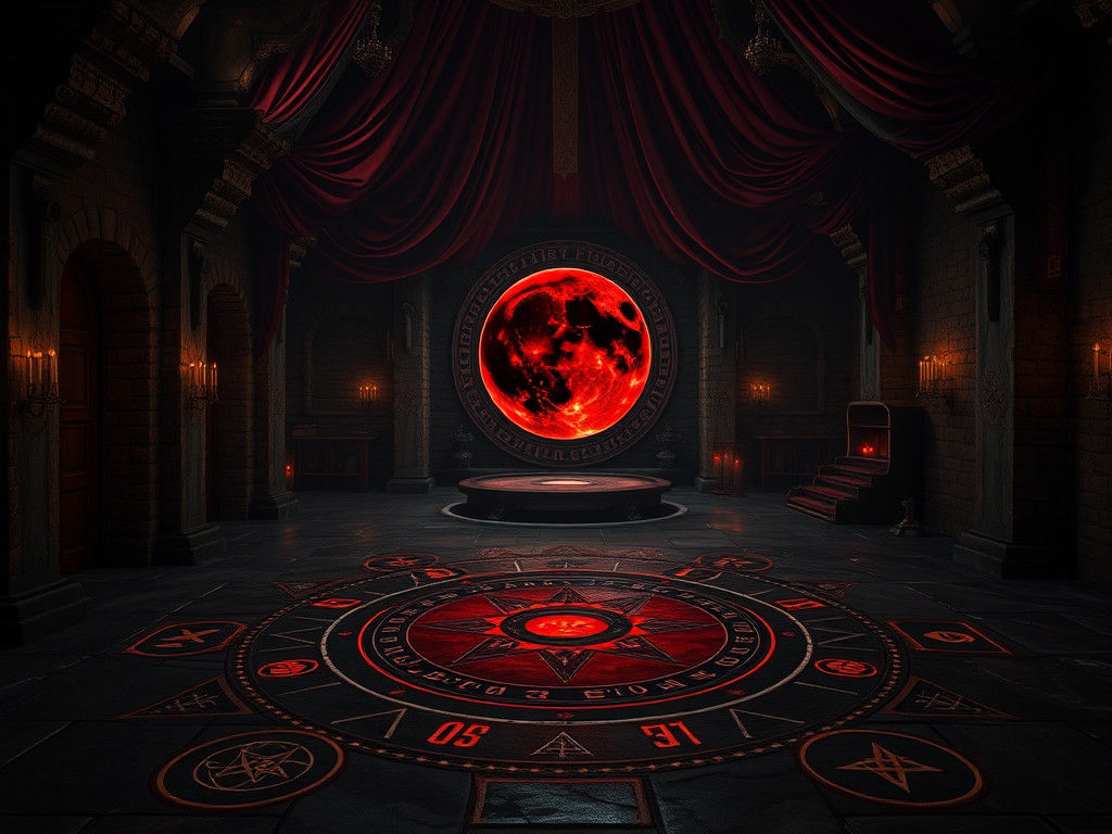 Dark Ritual Chamber Under Bloodred Moon - AI Art
