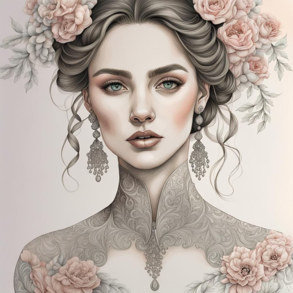 Elobrate details, Line art drawings a beautiful woman elegant facing ...