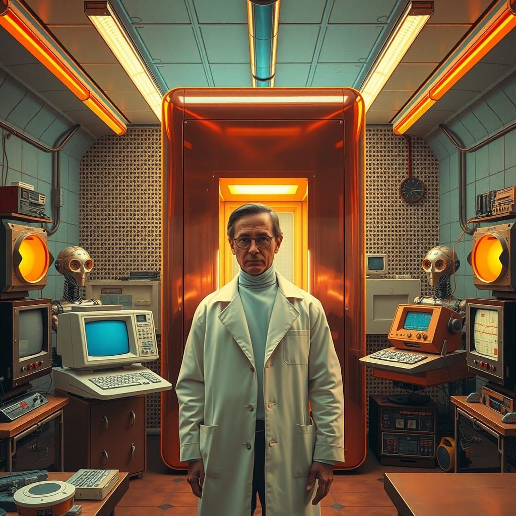 Retro Futuristic Scientist Stands Before a Copper-... - AI Art