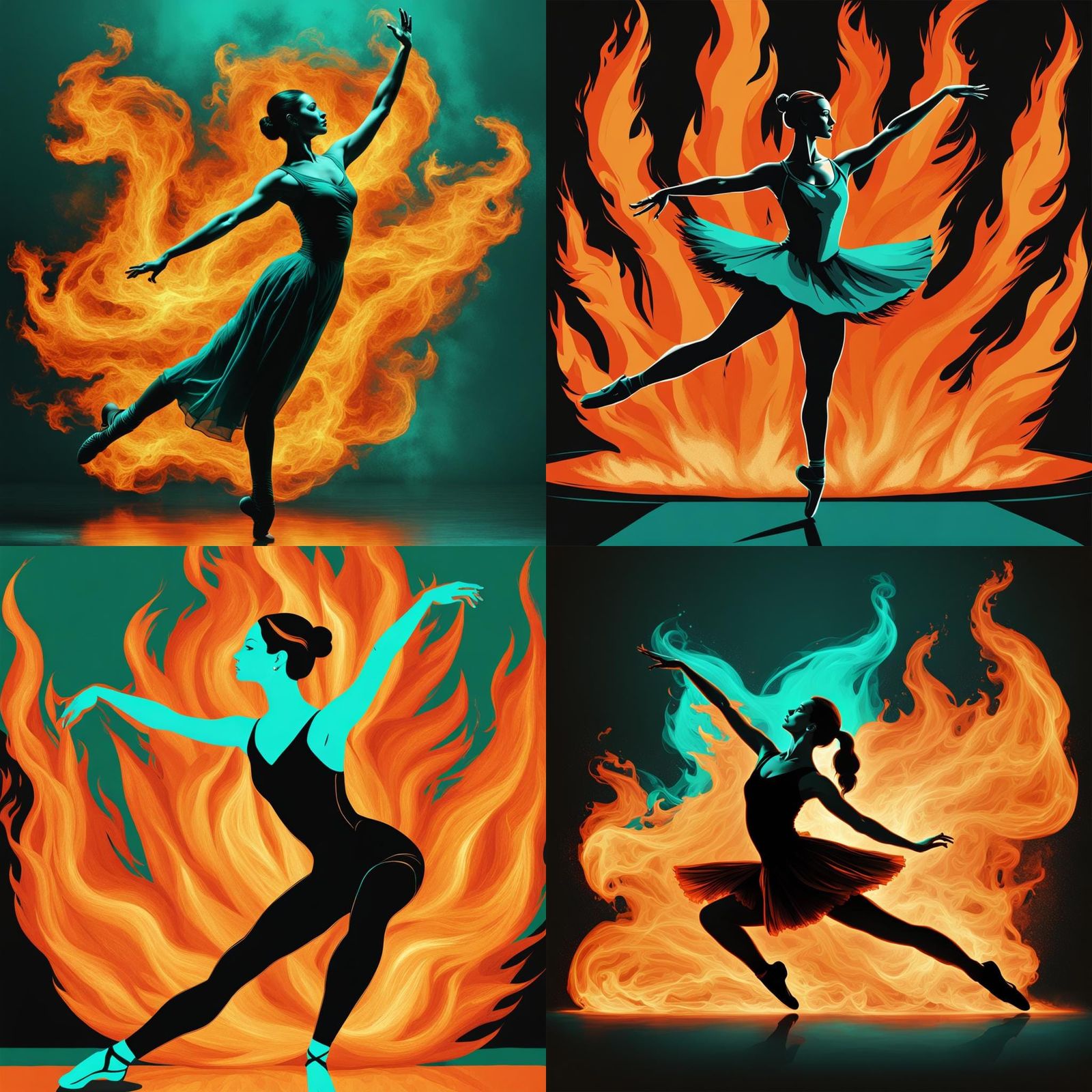 A lady doing ballet in fire/ flcontrasting colorsamesorange and ...