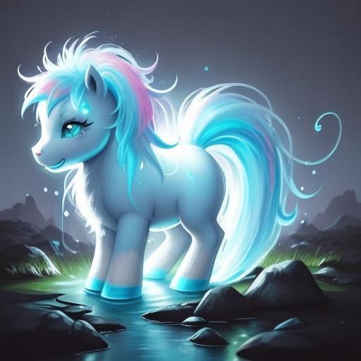 adorable cute chibi baby furry pony with a bioluminescent Waterfall in ...