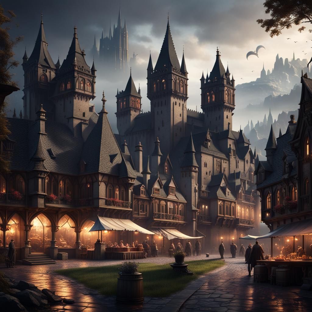 vampire castle on a hill with four towering towers overlooking a gothic ...