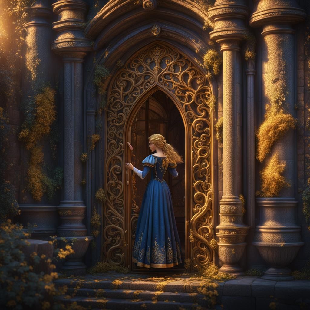 Rapunzel at Her Window with Golden Hair Flowing - AI Art