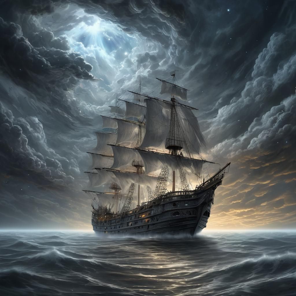 Majestic Concept art, mysterious, ghost ship, made of thick gray clouds, oil painting aesthetic ...