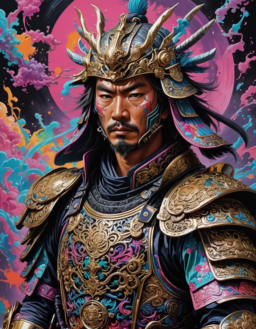 (intricately detailed portrait of a vaporwave samurai wears a ...