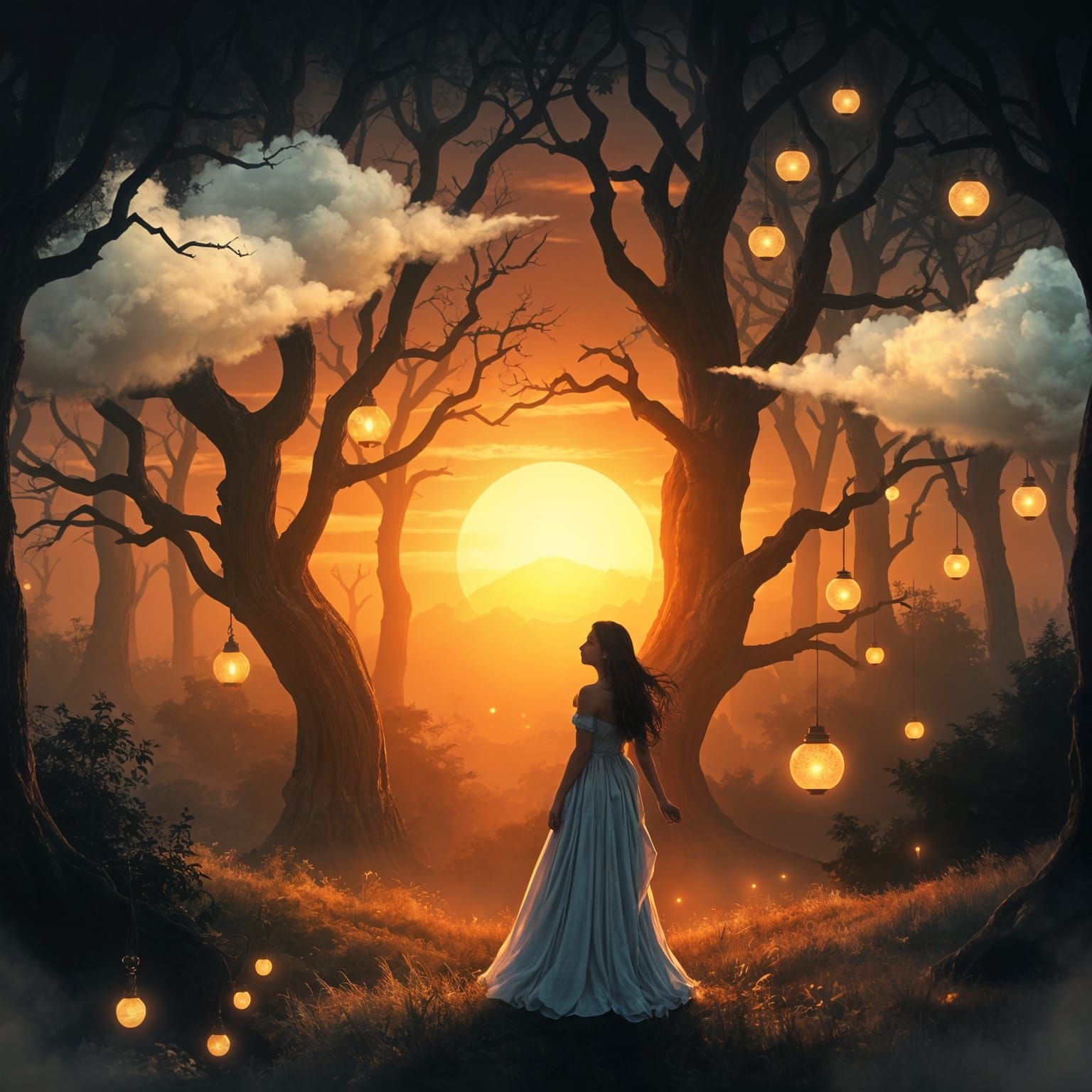 Ethereal Sunset in a Dark Forest with Glowing Sphe... - AI Art