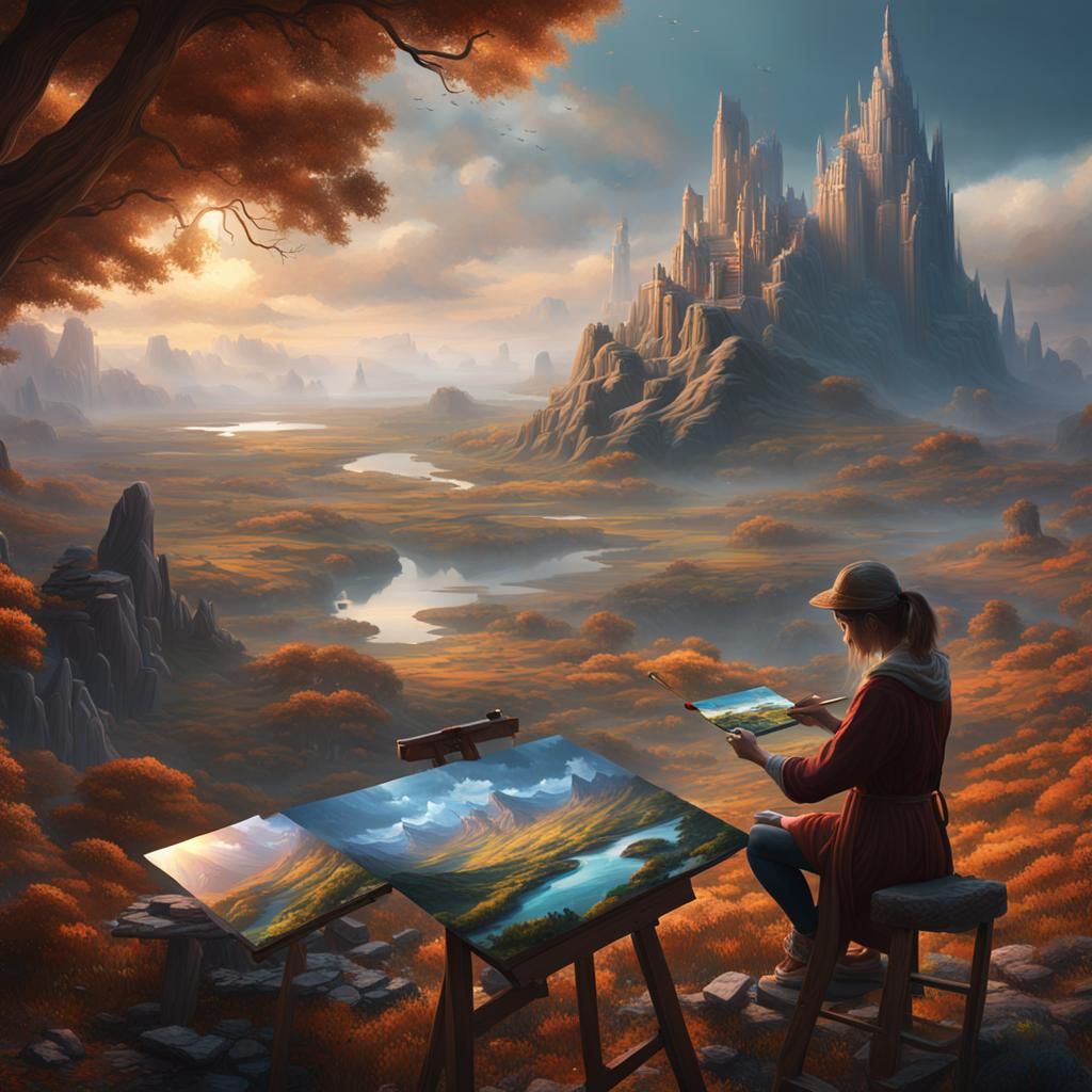 a female artist painting a landscape picture - AI Generated Artwork ...