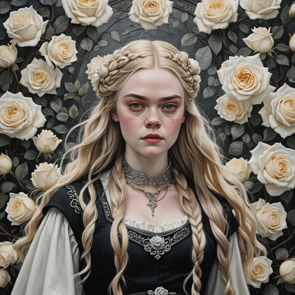 Elle Fanning As Princess Full Figured Very Long Braids Black Clothes Of Middleage Fashion