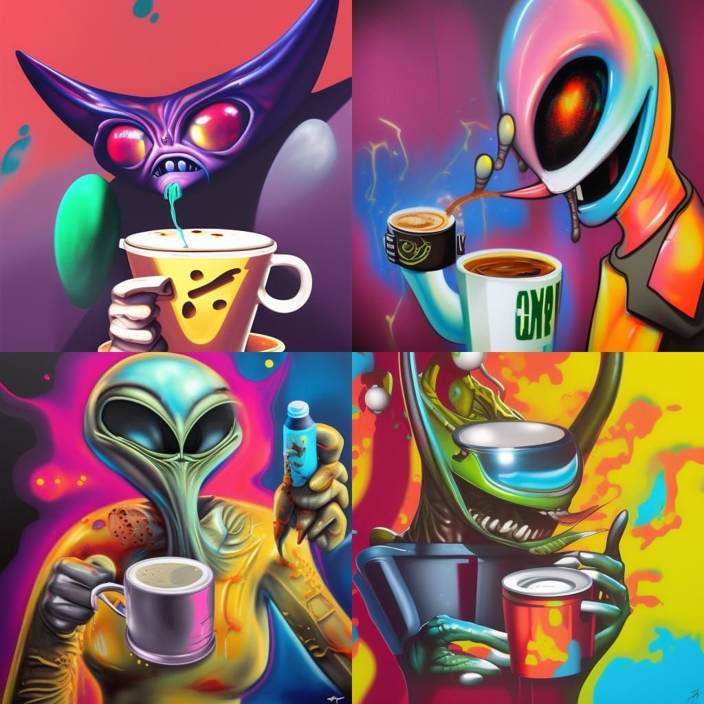 Alien drinking coffee (Vibrant) - AI Generated Artwork - NightCafe Creator