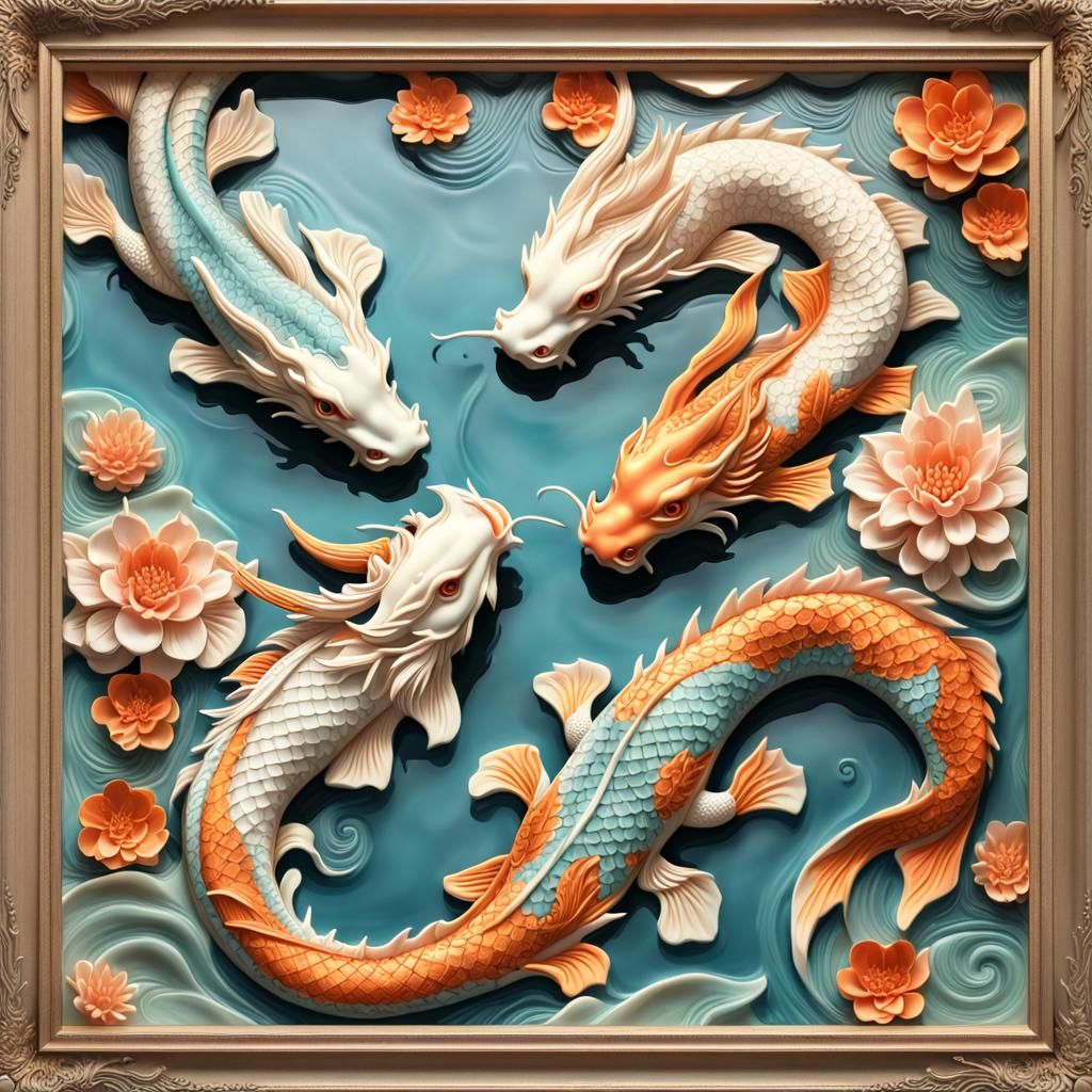 Dragons over koi fish - AI Generated Artwork - NightCafe Creator
